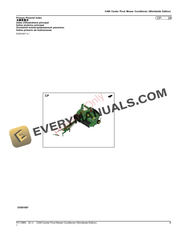 John Deere C400 Center Pivot Mower Conditioner Parts Catalog PC13968 28NOV23