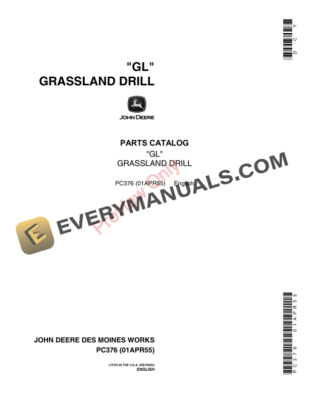John Deere GL Grassland Drill Parts Catalog PC376 01APR55