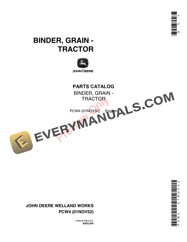 John Deere Grain-Tractor Binder Parts Catalog PCW4 01NOV52