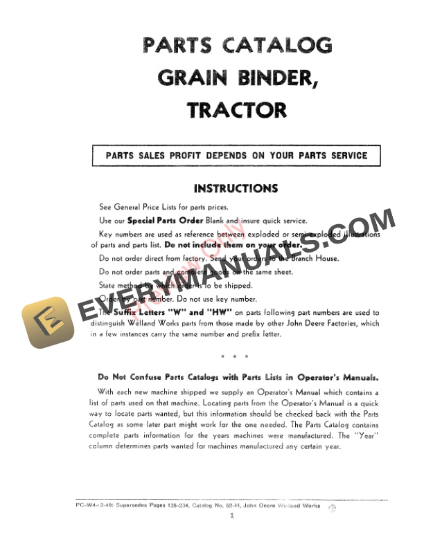 John Deere Grain-Tractor Binder Parts Catalog PCW4 01NOV52