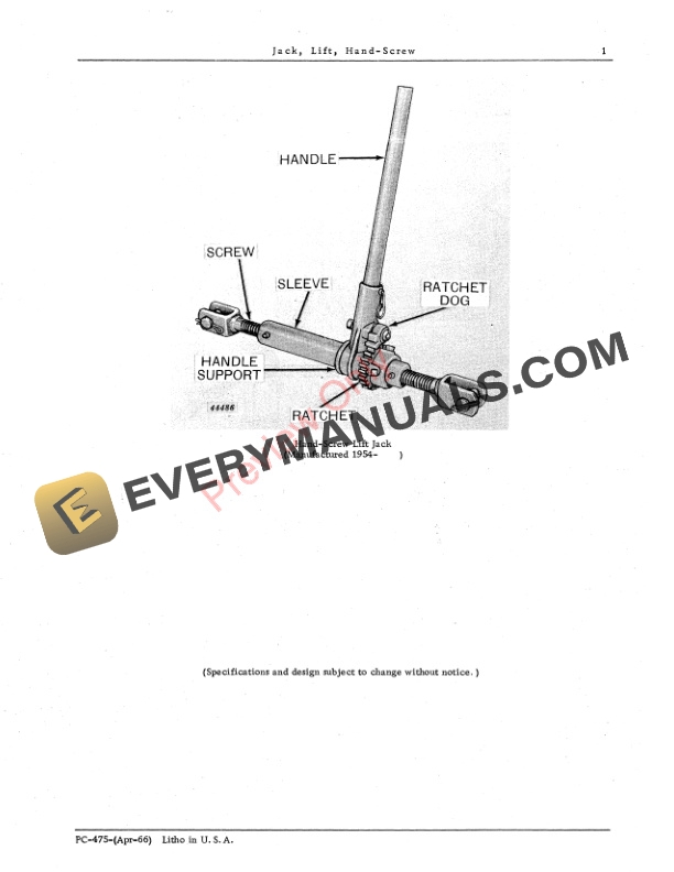 John Deere Hand Screw Lift Jack Parts Catalog PC475 01APR66