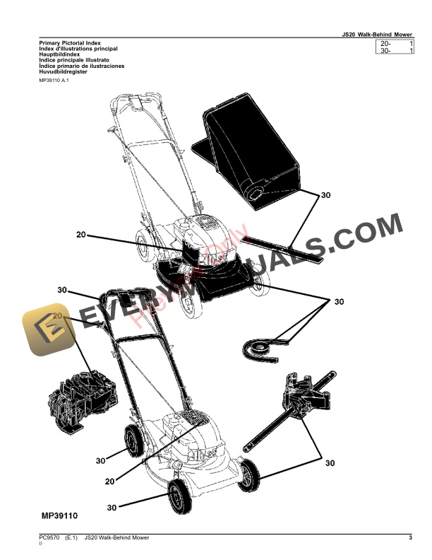 John Deere JS20 WALK-BEHIND MOWER Parts Catalog PC9570 11SEP19