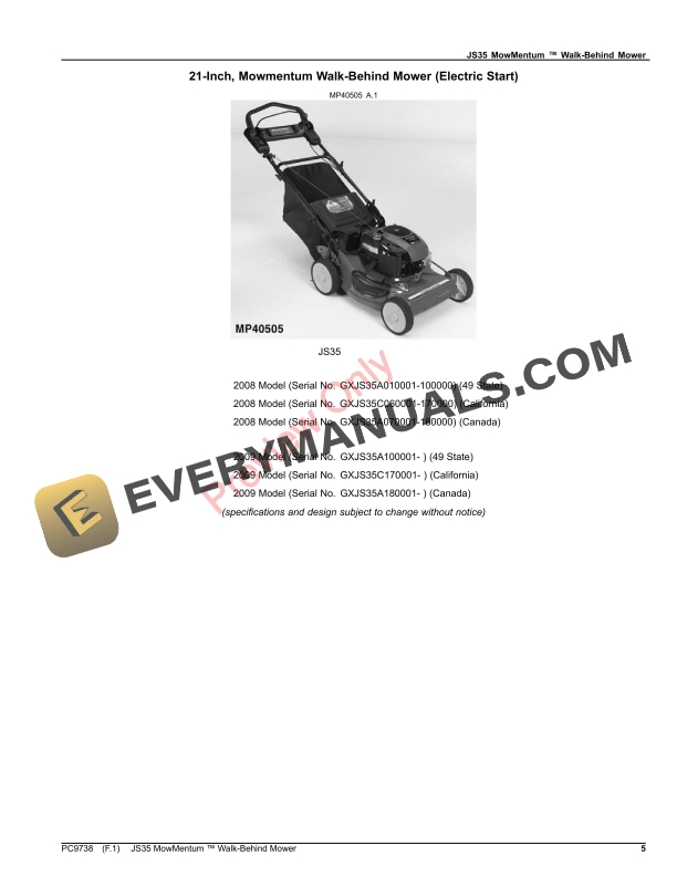 John Deere JS35 MOWMENTUM WALK-BEHIND MOWER Parts Catalog PC9738 29MAY23