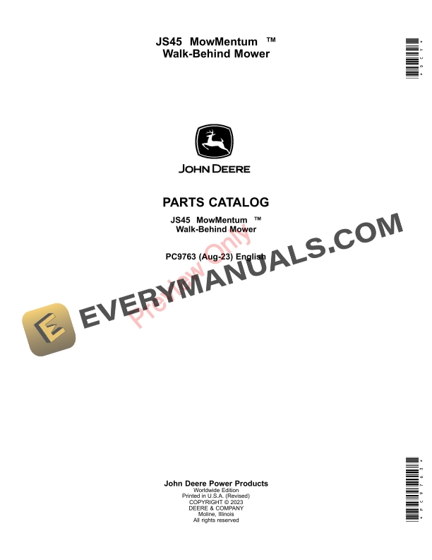 John Deere JS45 MOWMENTUM WALK-BEHIND MOWER Parts Catalog PC9763 22AUG23