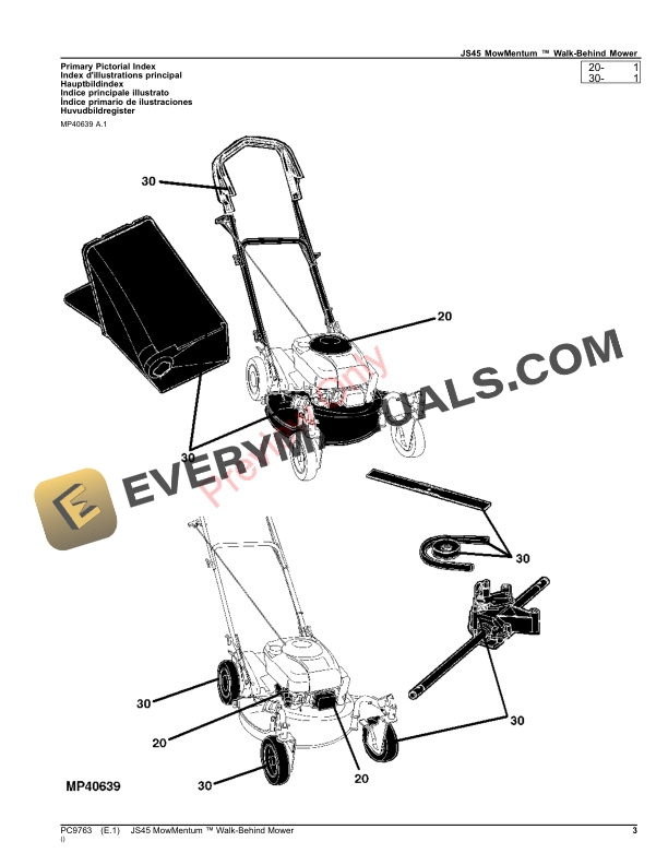 John Deere JS45 MOWMENTUM WALK-BEHIND MOWER Parts Catalog PC9763 22AUG23
