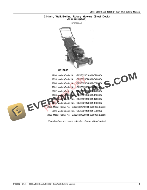 John Deere JS63, JS63C and JS63E 21-Inch Walk-Behind Mowers Parts Catalog PC2632 09DEC22