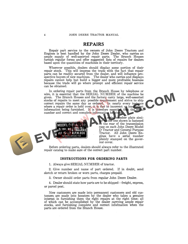John Deere Model D Tractor (-119099), General Purpose Tractors, E Vintage Engines Service Manual ...