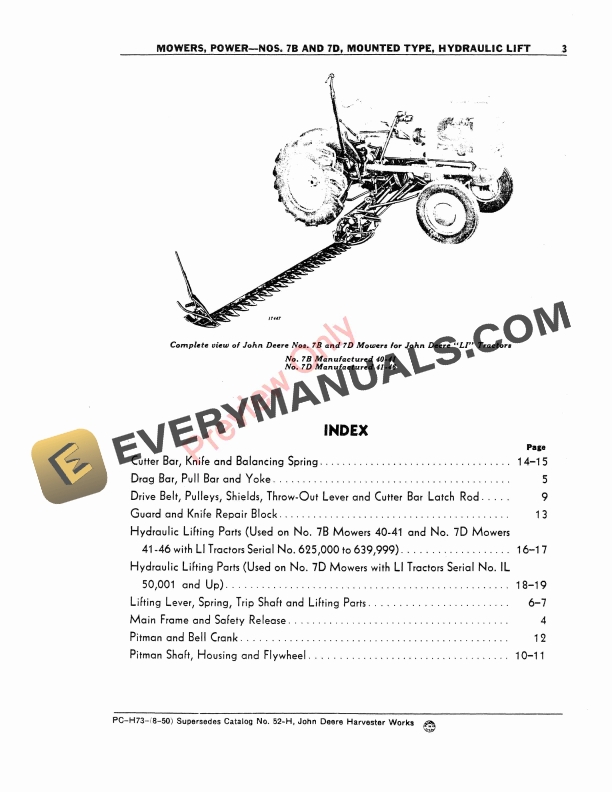 John Deere Nos. 7B, 7D Hydraulic Lift Mounted Type Power Mowers Parts Catalog PCH73 01AUG50