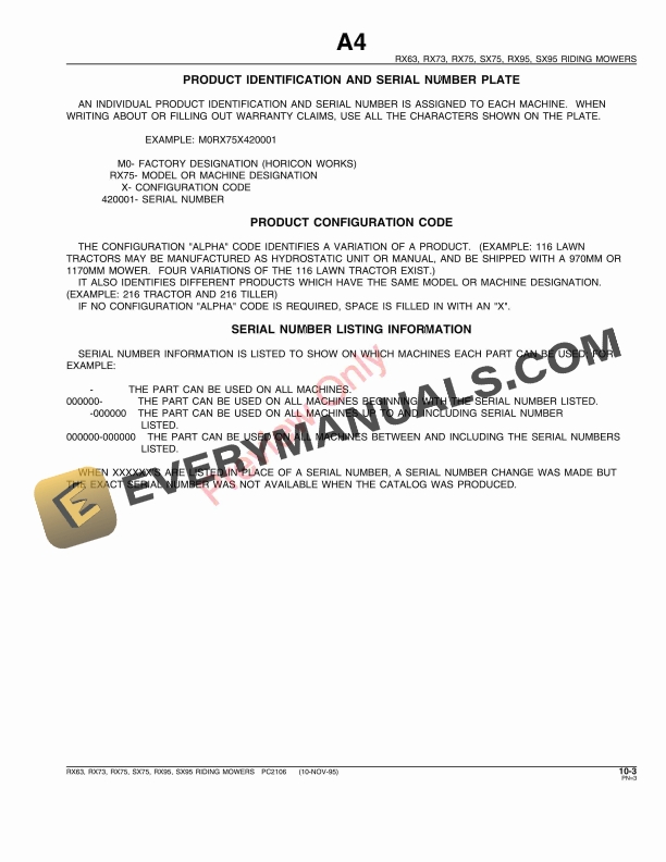 John Deere RX63, RX73, RX75, RX95, SX75, SX95 Riding Mowers Parts ...