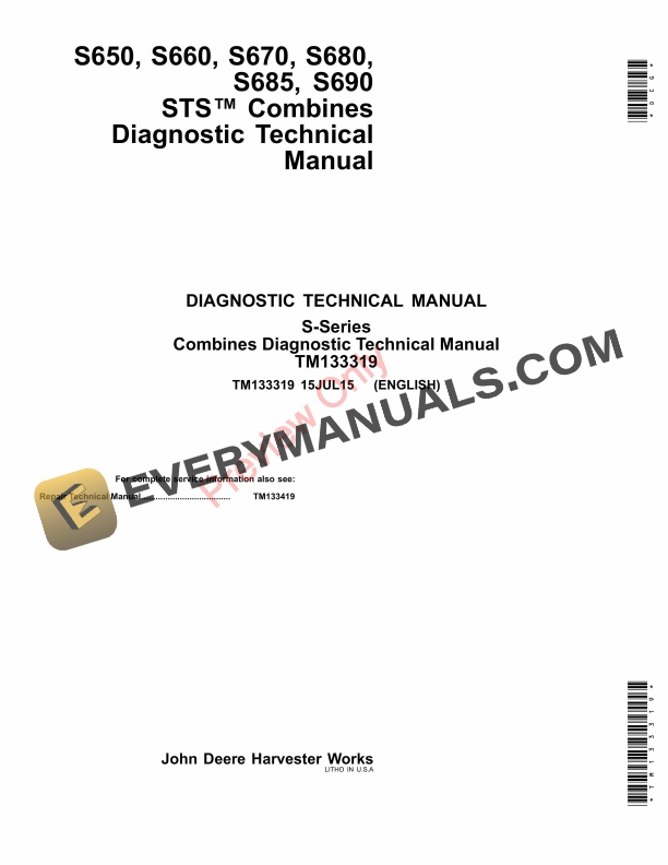 John Deere S650 STS, S660 STS, S670 STS, S680 STS, S685 STS and S690 STS Combines Diagnostic ...