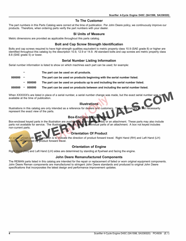 John Deere Scarifier 4-Cycle Engine D45C (SA1598, SA336520) Parts ...