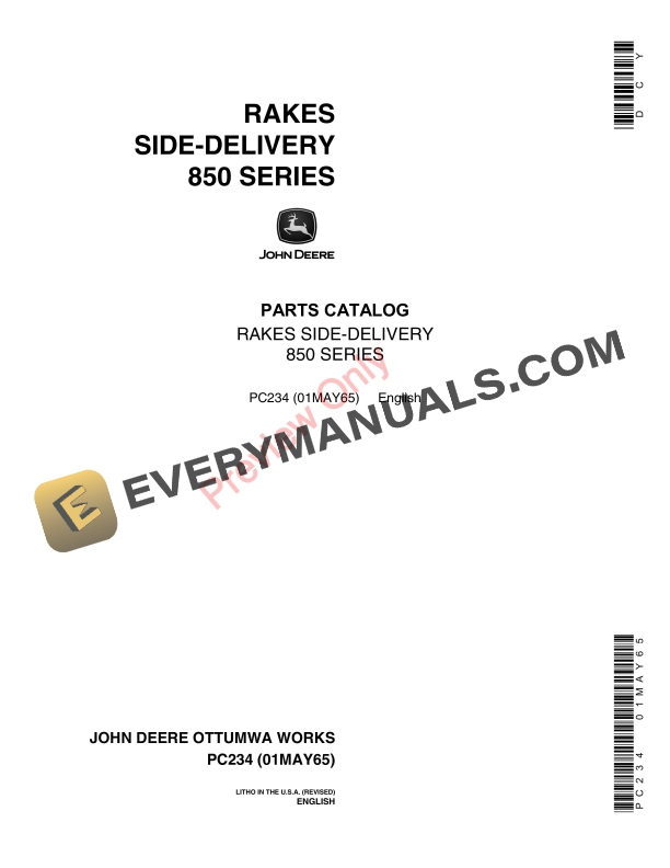 John Deere Side Delivery Rakes - 850 Series Parts Catalog PC234 01MAY65