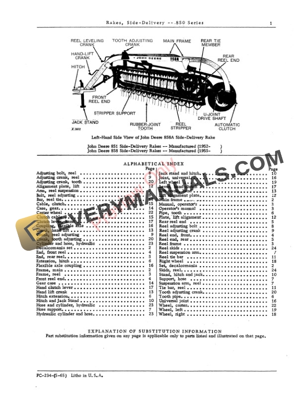 John Deere Side Delivery Rakes - 850 Series Parts Catalog PC234 01MAY65