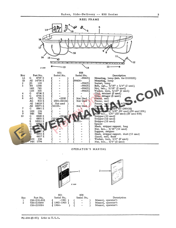 John Deere Side Delivery Rakes - 850 Series Parts Catalog PC234 01MAY65