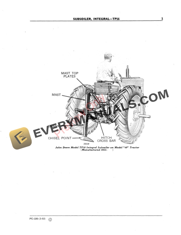 John Deere TP16 Integral Subsoiler Parts Catalog PC326 01MAR53
