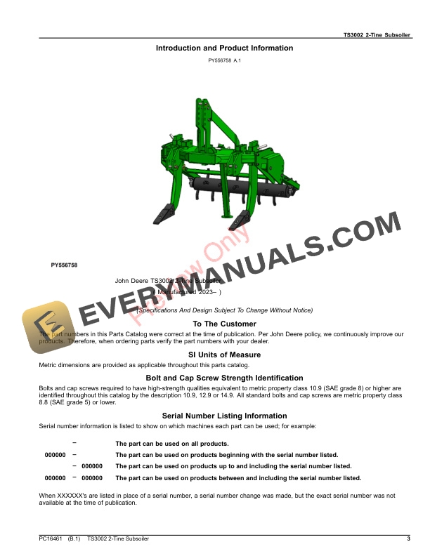 John Deere TS3002 2-Tine Subsoiler Parts Catalog PC16461 10APR23