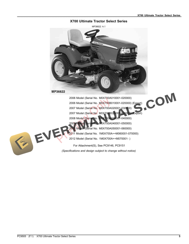 John Deere X700 ULTIMATE TRACTOR SELECT SERIES Parts Catalog PC9505 31OCT23