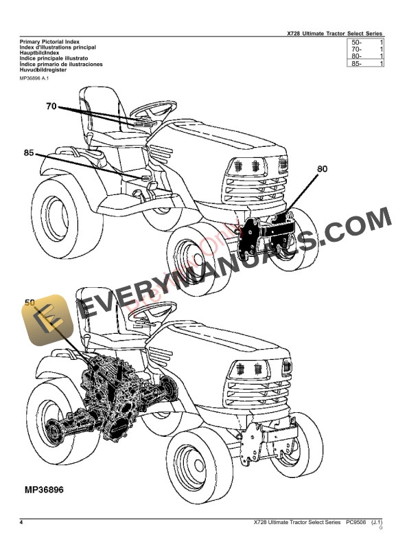 John Deere X728 ULTIMATE TRACTOR SELECT SERIES Parts Catalog PC9508 31AUG23