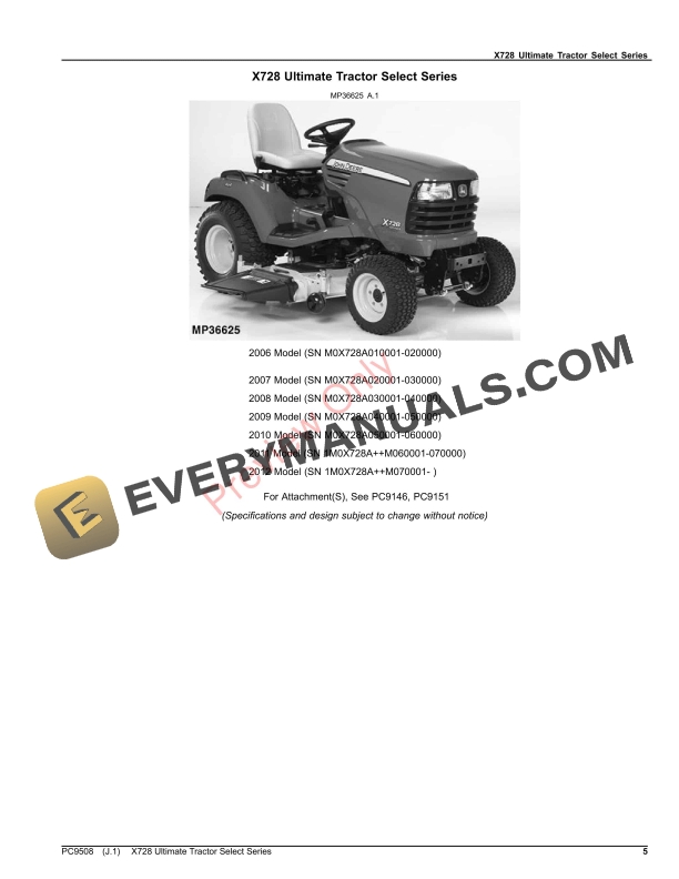 John Deere X728 ULTIMATE TRACTOR SELECT SERIES Parts Catalog PC9508 31AUG23