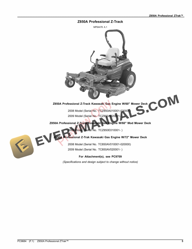 John Deere Z850A Professional ZTrak Parts Catalog PC9684 09OCT23