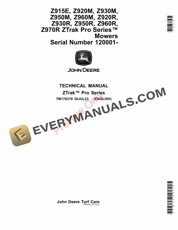 John Deere Z915E, Z920M, Z925M EFI, Z930M, Z930M EFI, Z945M EFI, Z950M ...