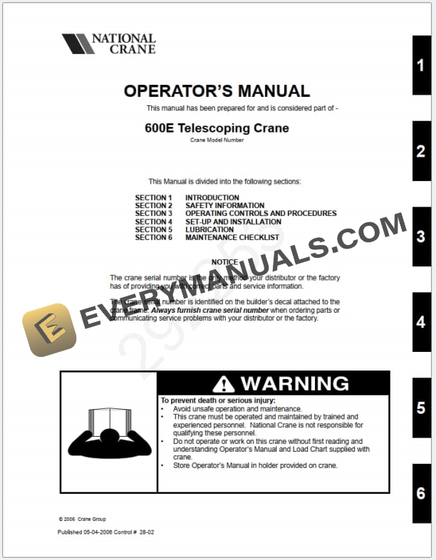 National 600E Crane Schematic, Operator, Parts and Service Manual