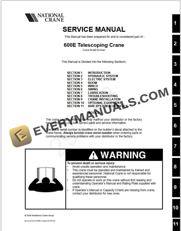 National 600E Crane Schematic, Operator, Parts and Service Manual