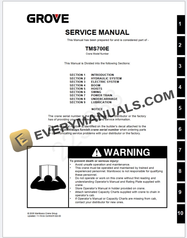 Grove TMS750E Crane Schematic, Operator, Parts and Service Manual