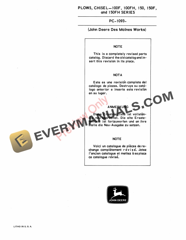 John Deere 100F, 100FH, 150, 150F, 150FH Series Chisel Plows Parts List PC1093 01AUG69