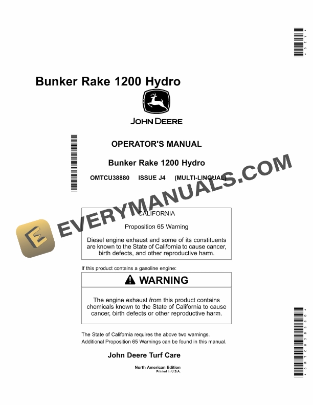 John Deere 1200 Hydro Bunker Rakes Operator Manual OMTCU38880