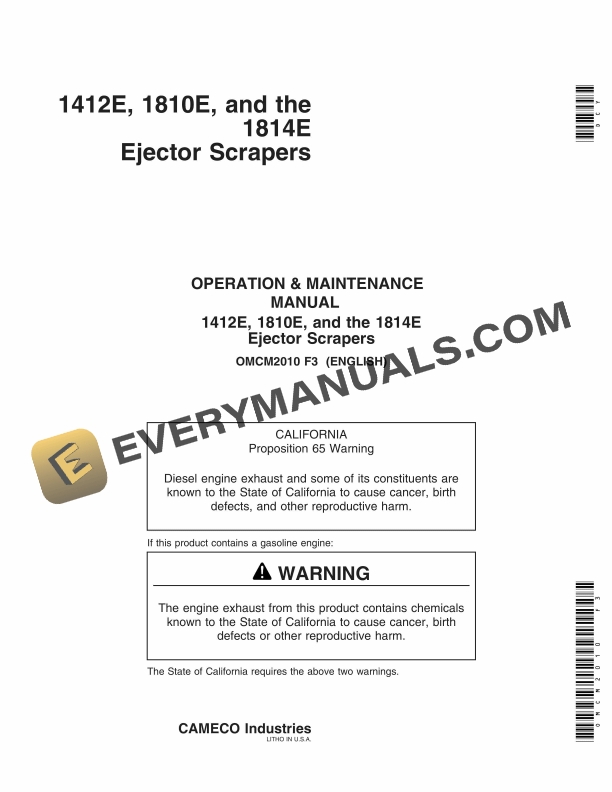 John Deere 1412E, 1810E, and the 1814E Ejector Scraper Operator Manual ...