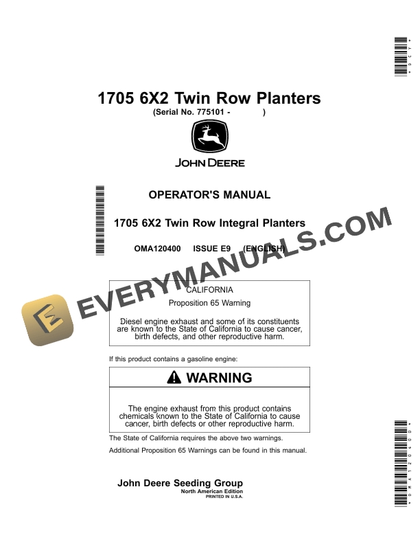 John Deere 1705 6X2 Twin Row Planter Operator Manual OMA120400