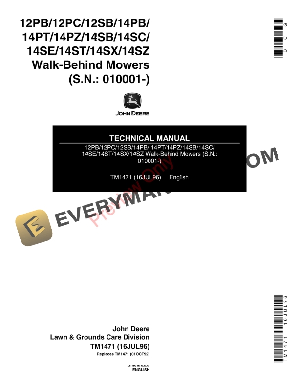 John Deere 21-Inch Walk-Behind Rotary Mowers Technical Manual TM1471 ...