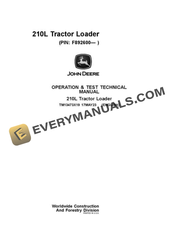 John Deere 210l Tractor Loader Test Manual Tm13473x19