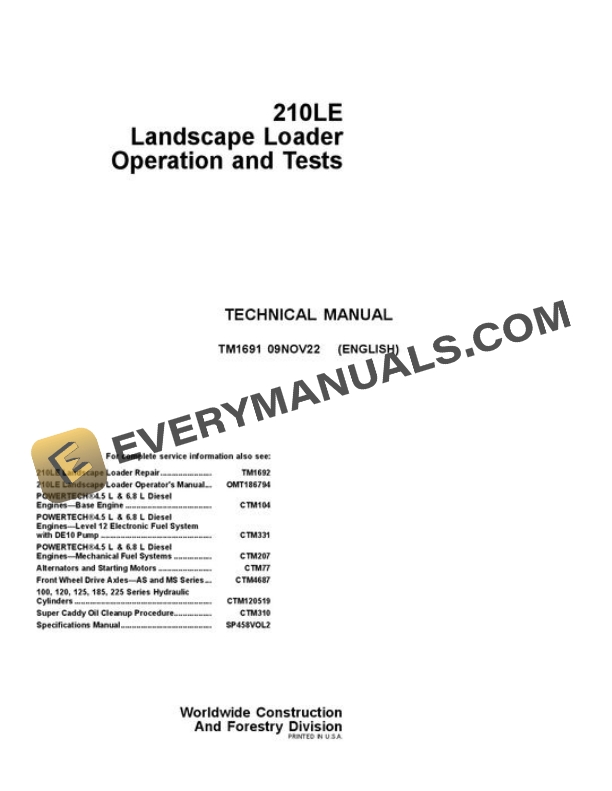John Deere 210le Landscape Loader Operation And Test Technical Manual