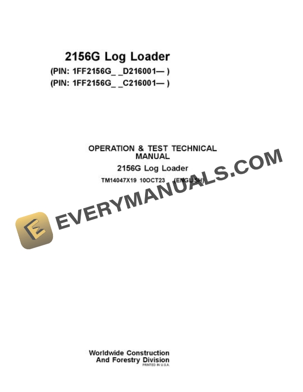 John Deere 2156G Log Loader Test Manual TM14047X19