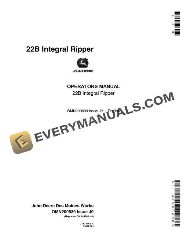 John Deere 22B Integral Ripper Operator Manual OMN200839