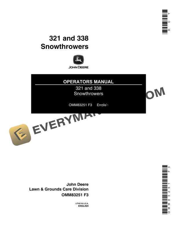 John Deere 321 and 338 Snowthrower Operator Manual OMM83251