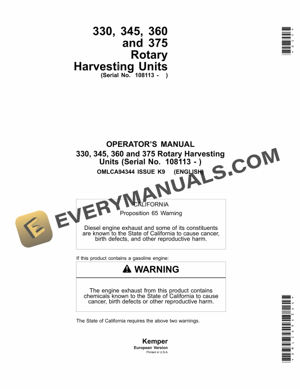 John Deere 330, 345, 360 and 375 Rotary Harvesting Units Operator ...