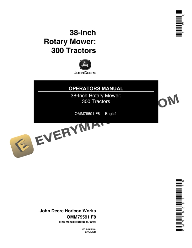 John Deere 38-Inch Rotary Mower 300 Tractors Operator Manual OMM79591