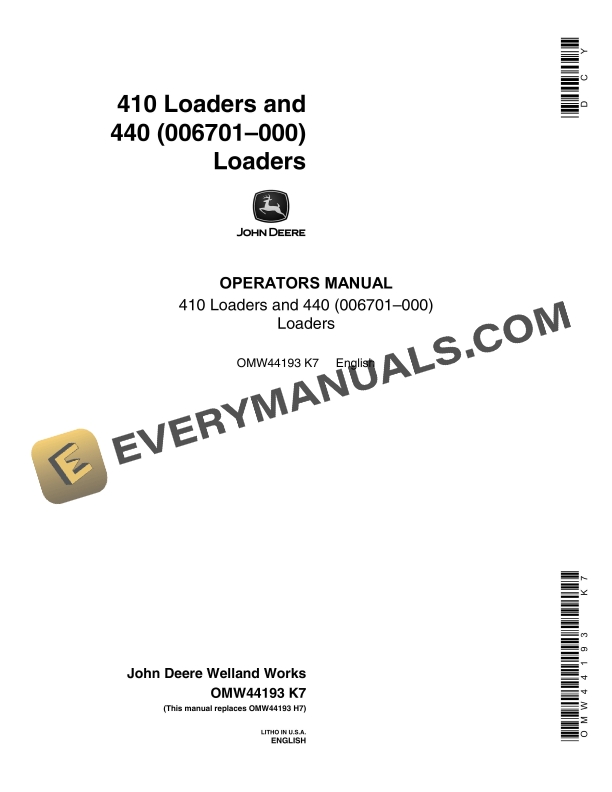 John Deere 410 and 440 Loader Operator Manual OMW44193