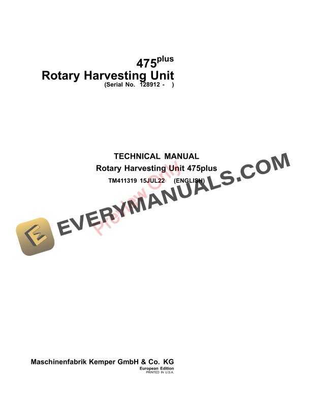 John Deere 475plus Rotary Harvesting Unit (128912-) Technical Manual ...