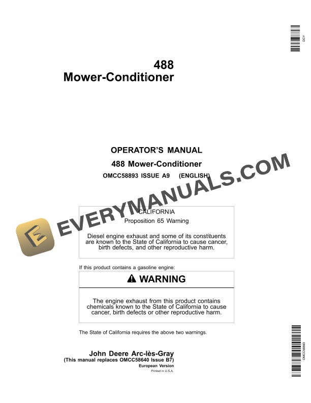 John Deere 488 Mower­Conditioner Operator Manual OMCC58893