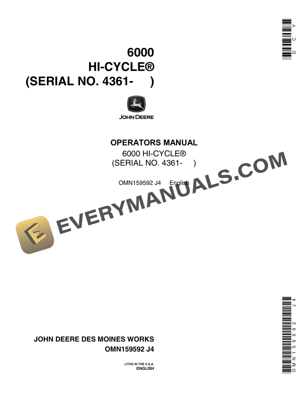 John Deere 6000 Hi Cycle Operator Manual OMN159592