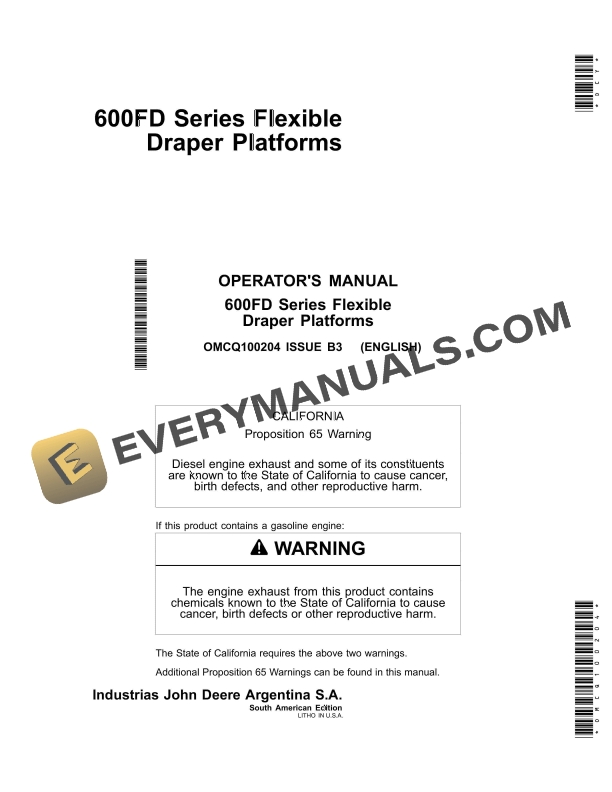 John Deere 600FD Series Flexible Draper Platform Operator Manual OMCQ100204