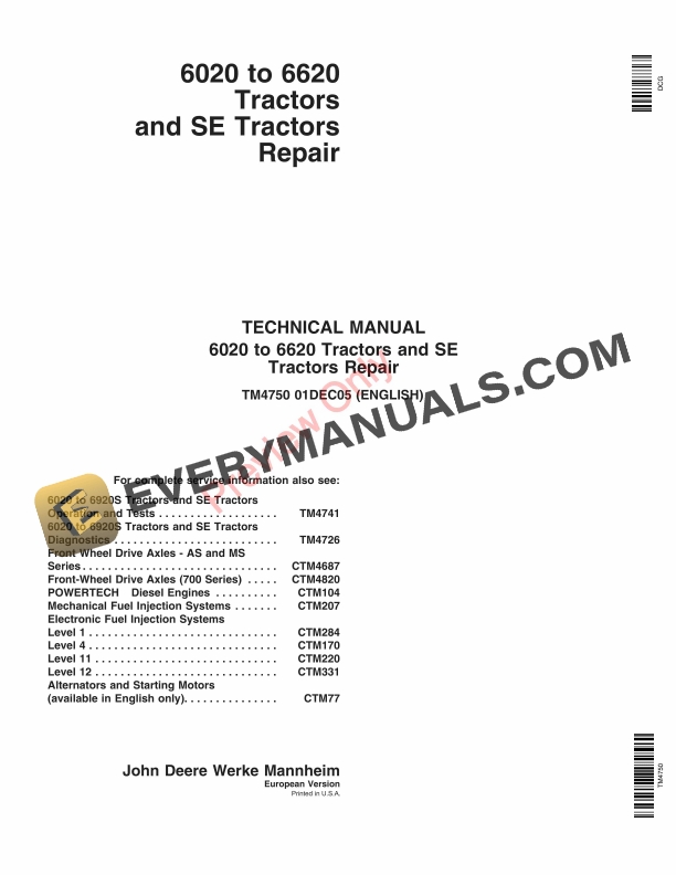 John Deere 6020 6120 6220 6320 6420 6520 6620 S SE European Tractor ...