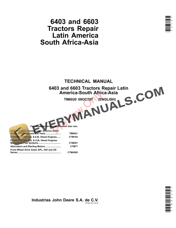 John Deere 6403 and 6603 Tractors Technical Manual TM6020 09OCT07