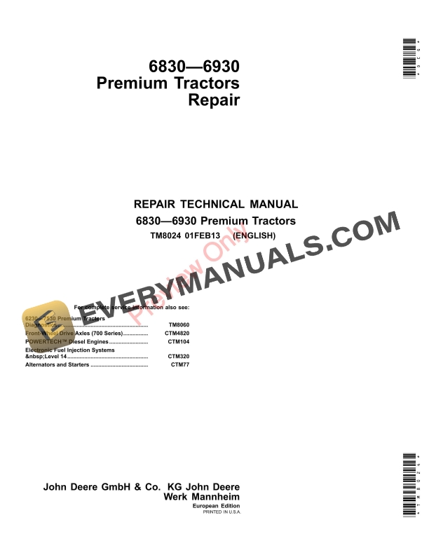 John Deere 6830 and 6930 Premium Tractors Repair Technical Manual ...