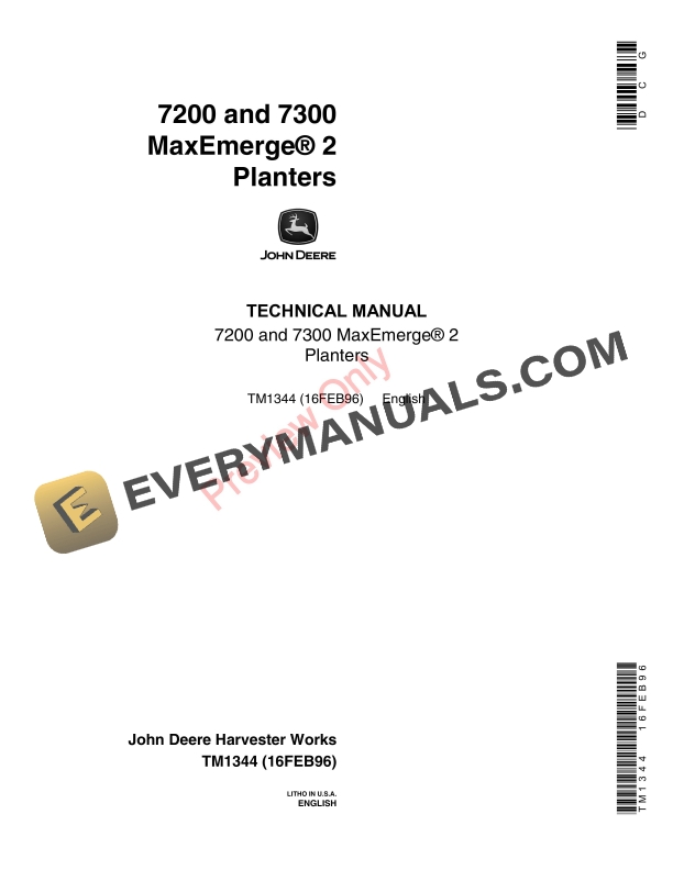 John Deere 7200, 7300 MaxEmerge2 Planters Technical Manual TM1344 16FEB96