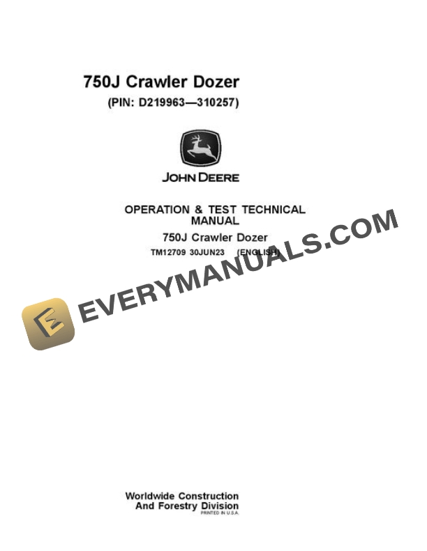 John Deere 750J Crawler Dozer Test Manual TM12709